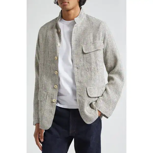 Drake'S Checked Linen Forestiere Jacket In Ecru And Navy - 65% Off